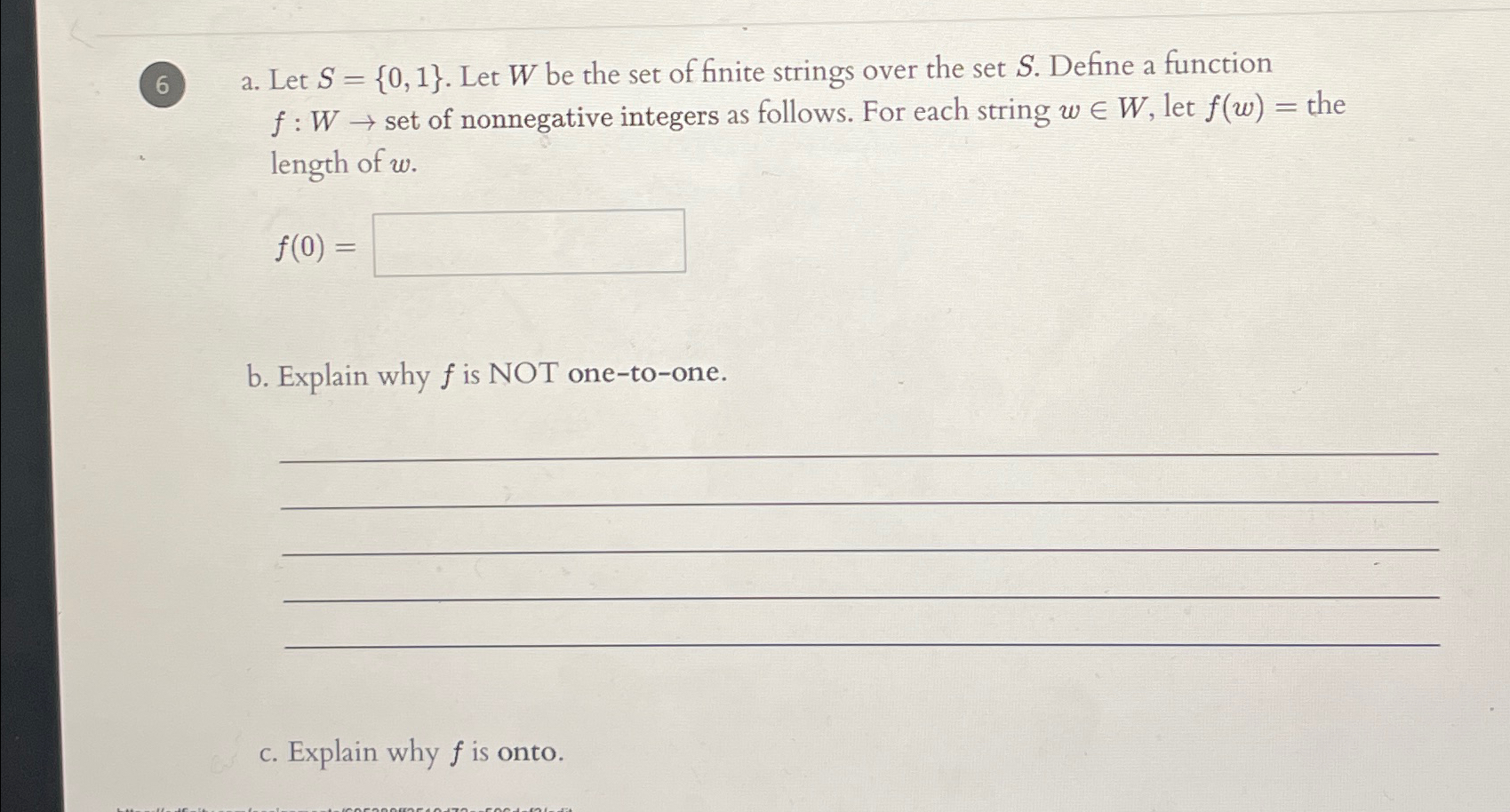 Solved (6) ﻿a. ﻿Let S={0,1}. ﻿Let W ﻿be the set of finite | Chegg.com