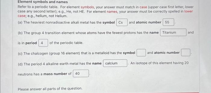 Solved Element symbols and names Refer to a periodic table. | Chegg.com