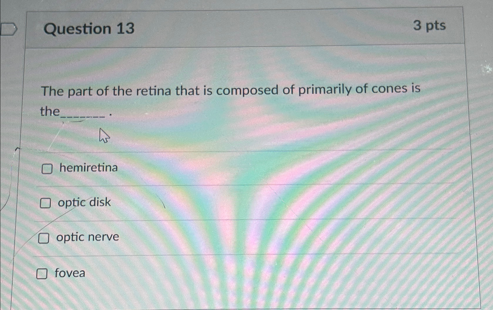 Solved Question 133 ptsThe part of the retina that is | Chegg.com Solved Question 133 ptsThe part of the retina that is | Chegg.com