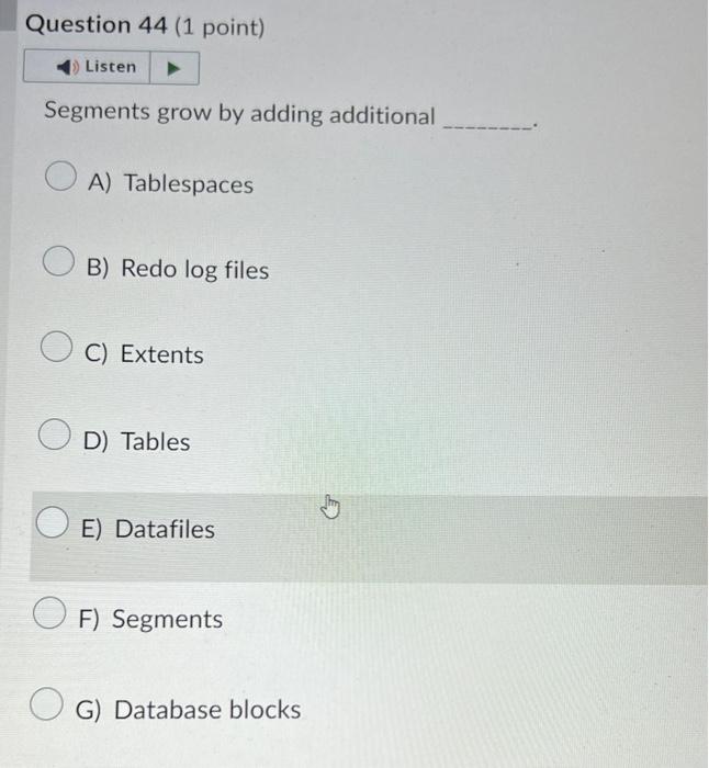 Solved A) Tablespaces B) Redo log files C) Extents D) Tables | Chegg.com