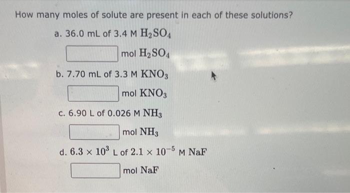 Solved How many moles of solute are present in each of these | Chegg.com