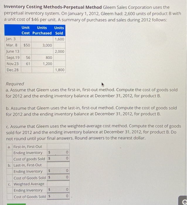 Solved Inventory Costing Methods-Perpetual Method Gleem | Chegg.com