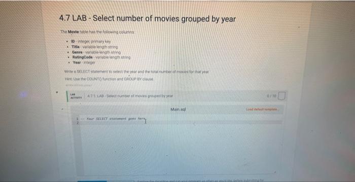 4.7 LAB - Select number of movies grouped by year The | Chegg.com