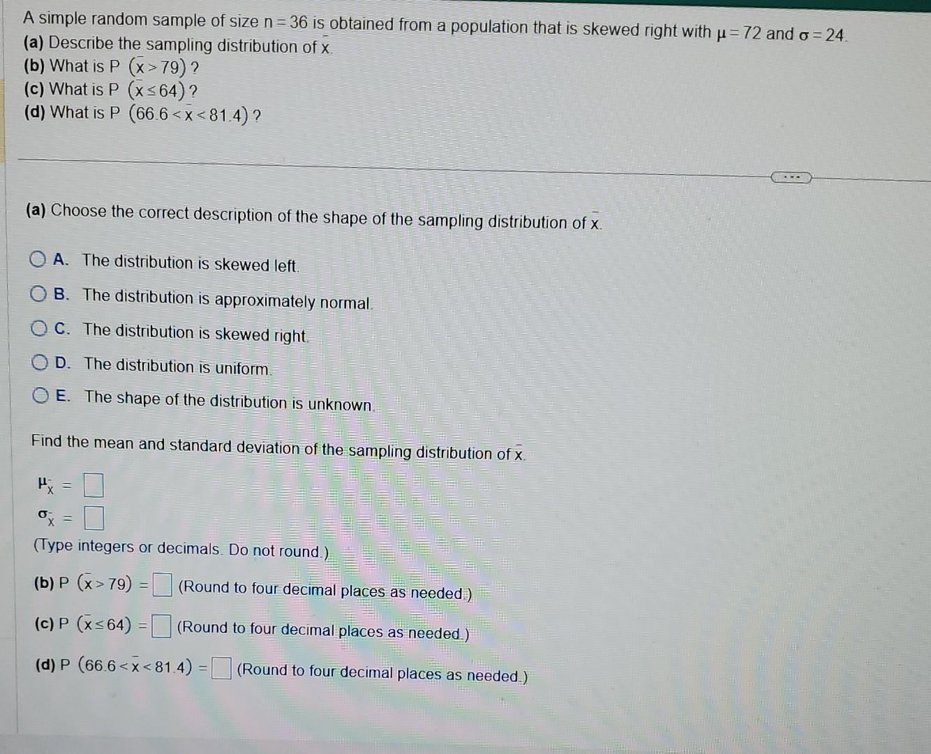 Solved A simple random sample of size n=36 is obtained from | Chegg.com