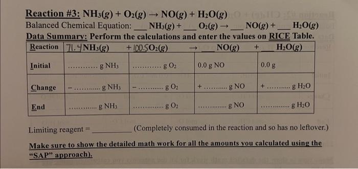 Solved Reaction \#3: NH3( g)+O2( g)→NO(g)+H2O(g) Balanced | Chegg.com