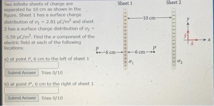 Solved Two infinite sheets of charge are separated by 10 cm | Chegg.com
