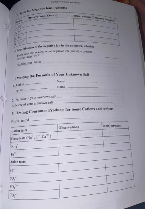 Solved REPORT SHEET Testing for Cations and Anions 1. | Chegg.com