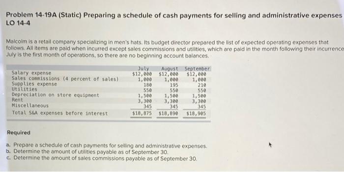 Solved Problem 14-19A (Static) Preparing a schedule of cash | Chegg.com