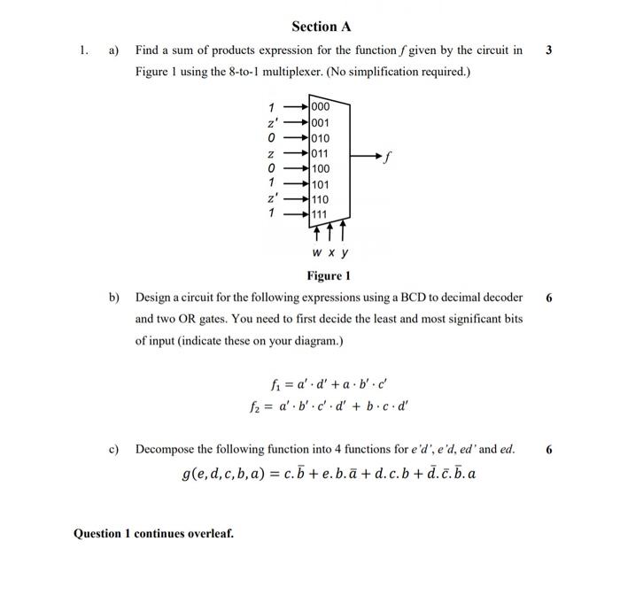 Solved 1. Section A a) Find a sum of products expression for | Chegg.com