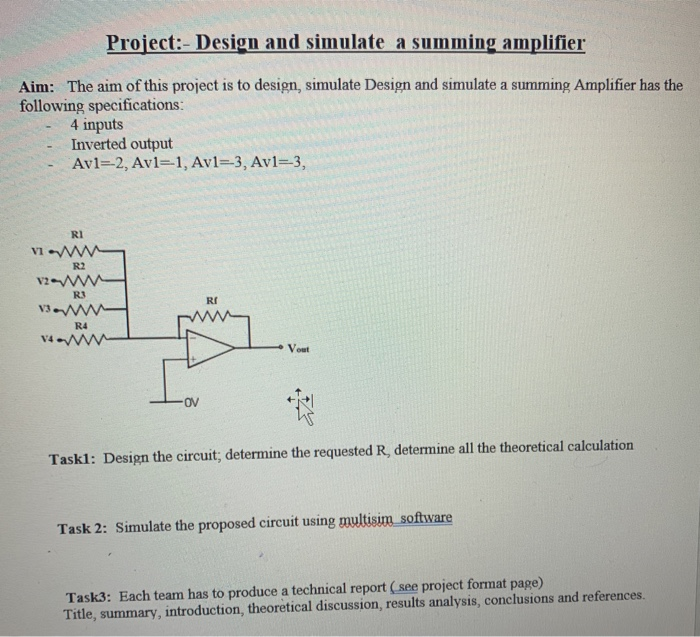 Solved Project:- Design and simulate a summing amplifier | Chegg.com