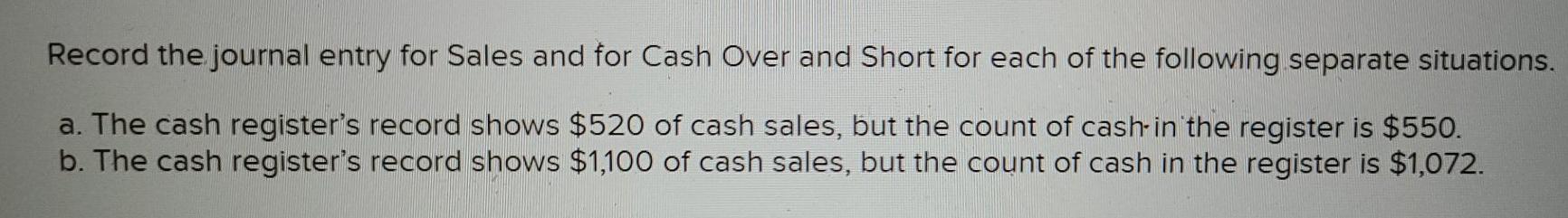 Solved Record the journal entry for Sales and for Cash Over | Chegg.com