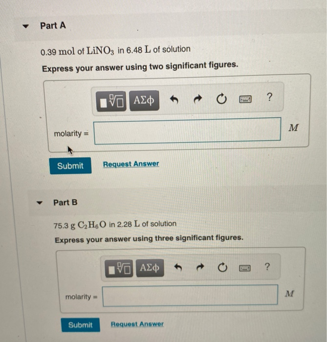Solved Part A 0.39 mol of LiNO3 in 6.48 L of solution | Chegg.com