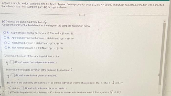 Solved Suppose a simple random sample of size n=125 is | Chegg.com