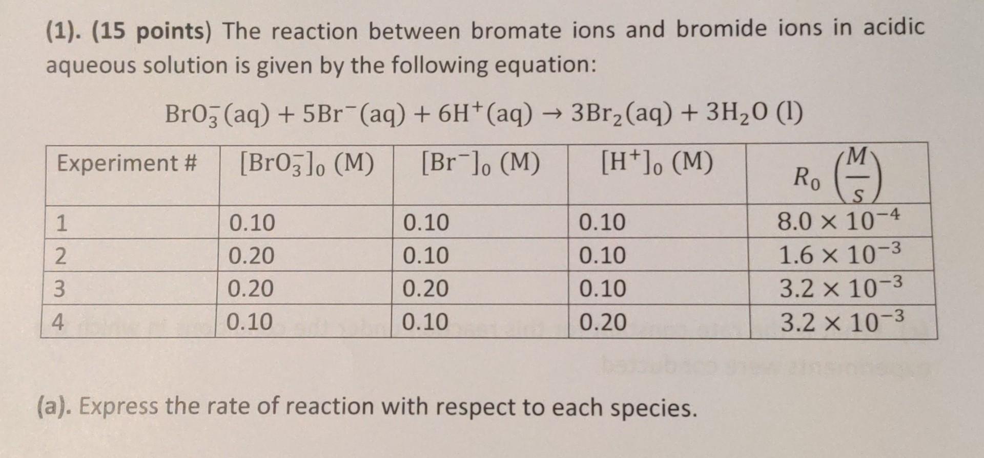 Solved (1). (15 points) The reaction between bromate ions | Chegg.com
