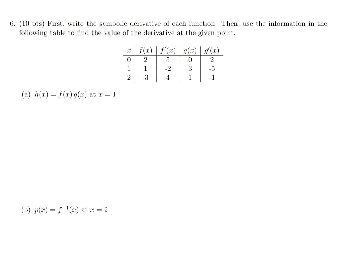 Solved 6. (10 pts) First, write the symbolic derivative of | Chegg.com
