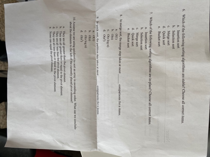 Solved 6. Which of the following sorting algorithms are | Chegg.com