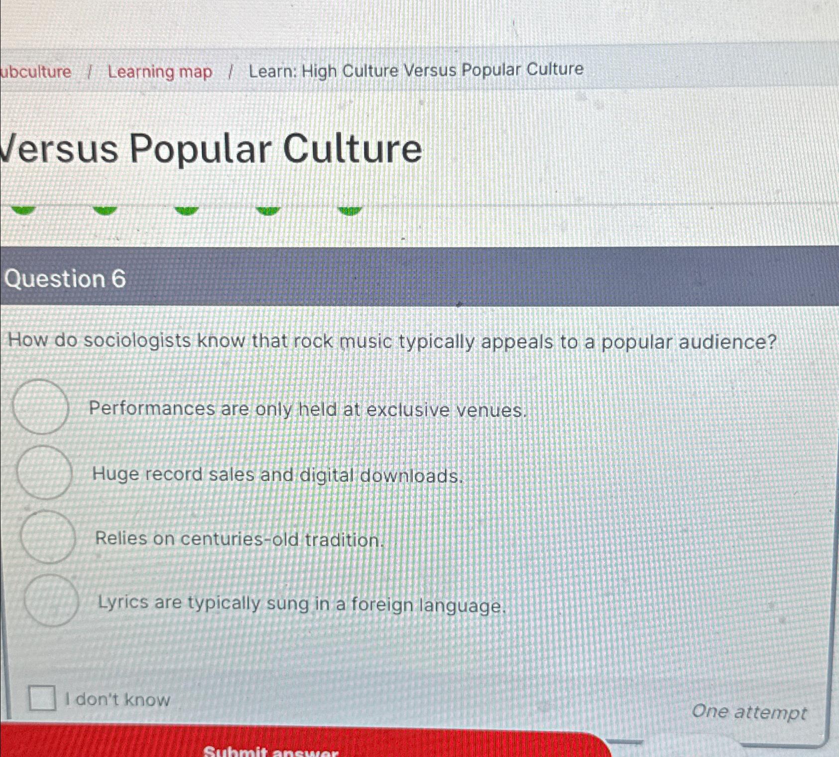 Solved ubculture / ﻿Learning map / ﻿Learn: High Culture | Chegg.com