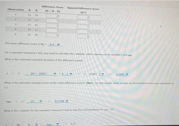Solved Observation A B Difference Score (D = B - A) -2 | Chegg.com