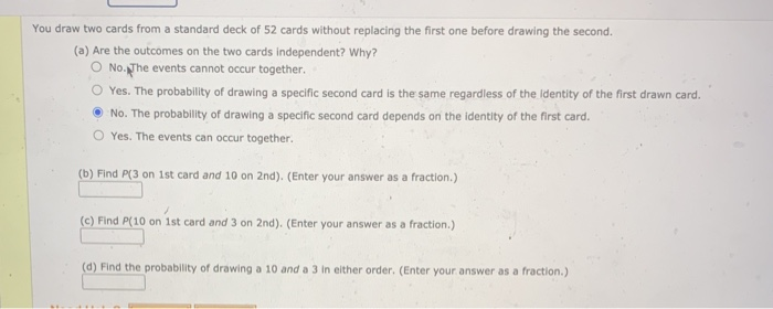 Solved You draw two cards from a standard deck of 52 cards | Chegg.com