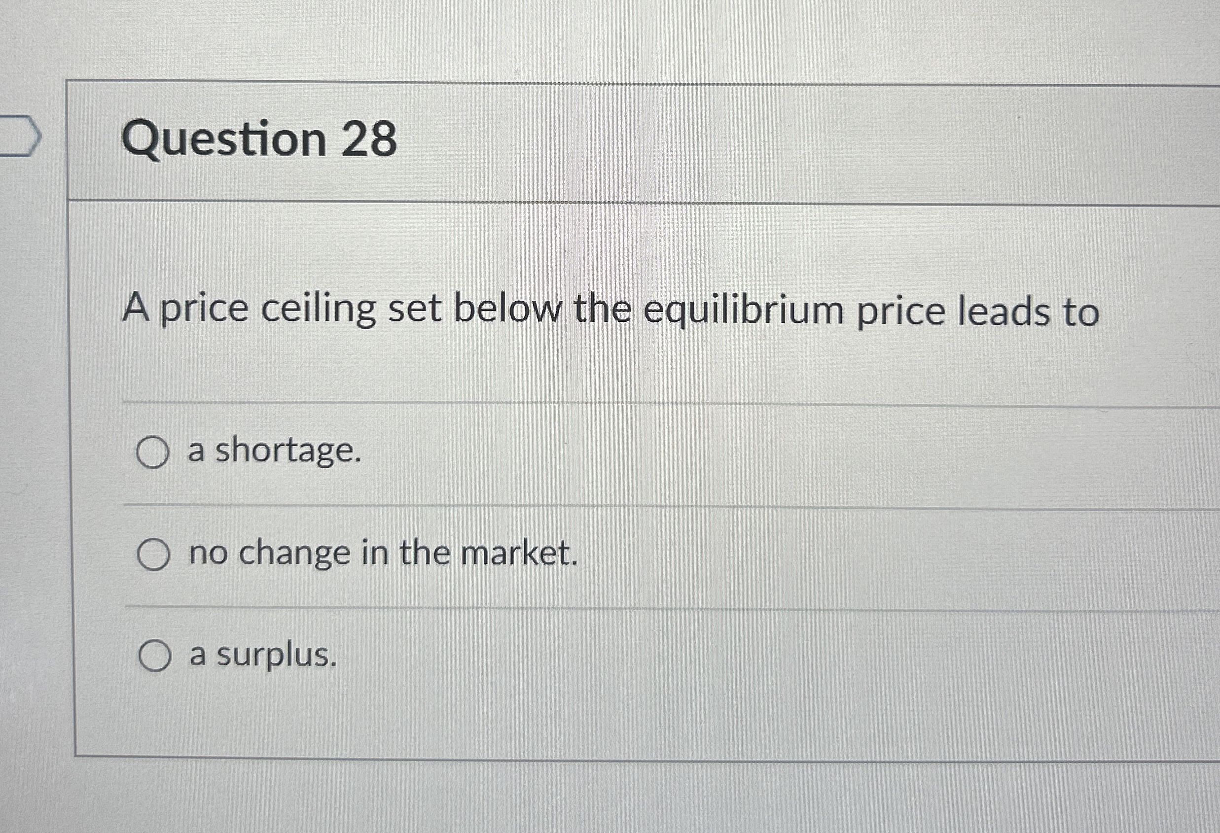 Solved Question 28A price ceiling set below the equilibrium | Chegg.com