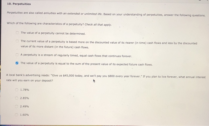 Solved 10. Perpetuities Perpetuities are also called | Chegg.com