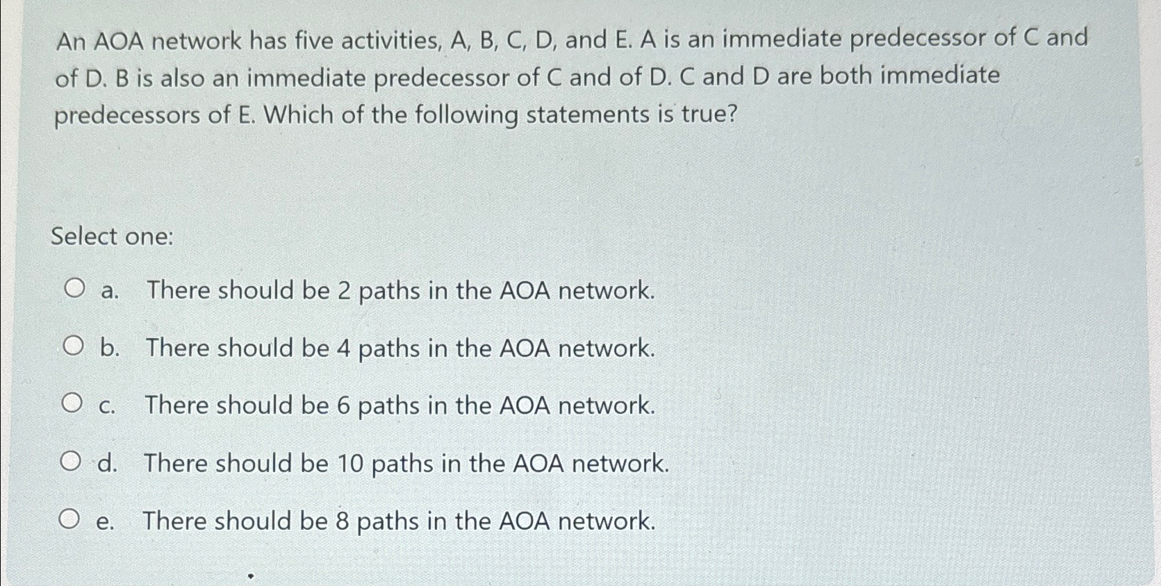 Solved An AOA network has five activities, A,B,C,D, ﻿and E.A | Chegg.com