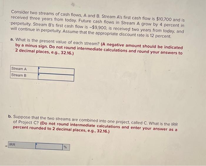 Solved Consider two streams of cash flows, A and B. Stream | Chegg.com