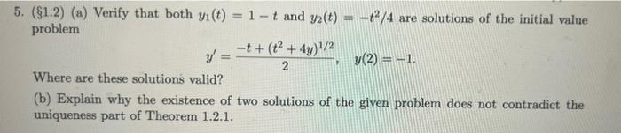 Solved (§1.2) (a) Verify that both y1(t)=1−t and y2(t)=−t2/4 | Chegg.com