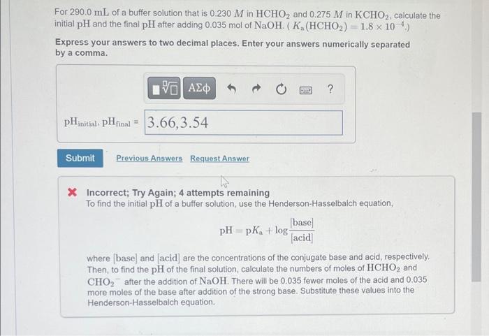 Solved For 290.0 mL of a buffer solution that is 0.230M in | Chegg.com