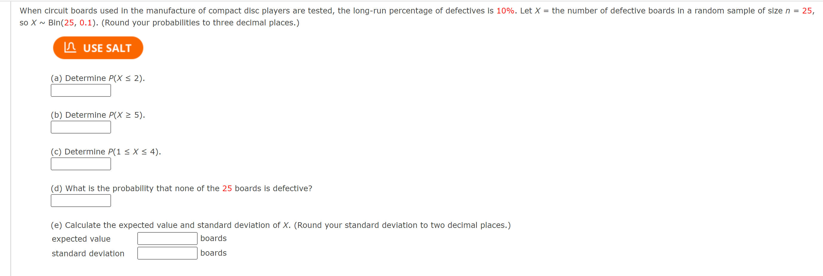 Solved so x∼Bin(25,0.1). (Round your probabilities to three | Chegg.com