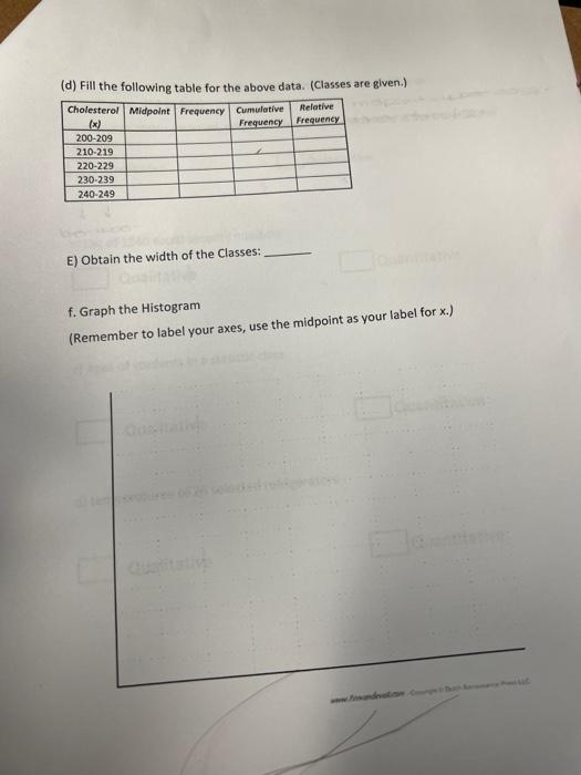 Solved (d) Fill the following table for the above data. | Chegg.com