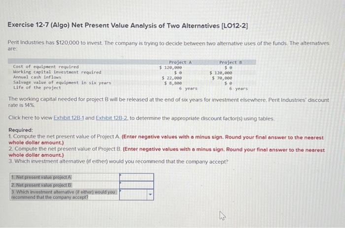 Solved Exercise 12-7 (Algo) Net Present Volue Analysis of | Chegg.com