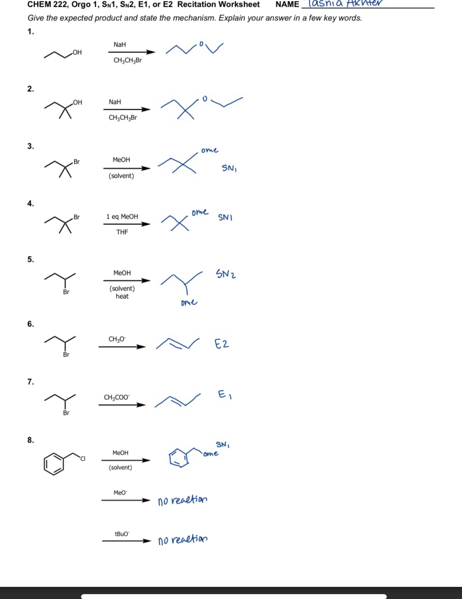 Solved CHEM 222, ﻿Orgo 1, SN1,SN2, ﻿E1, ﻿or E2 ﻿Recitation | Chegg.com