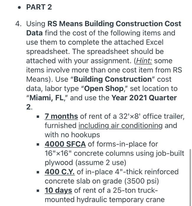 Solved • PART 2 4. Using RS Means Building Construction Cost | Chegg.com