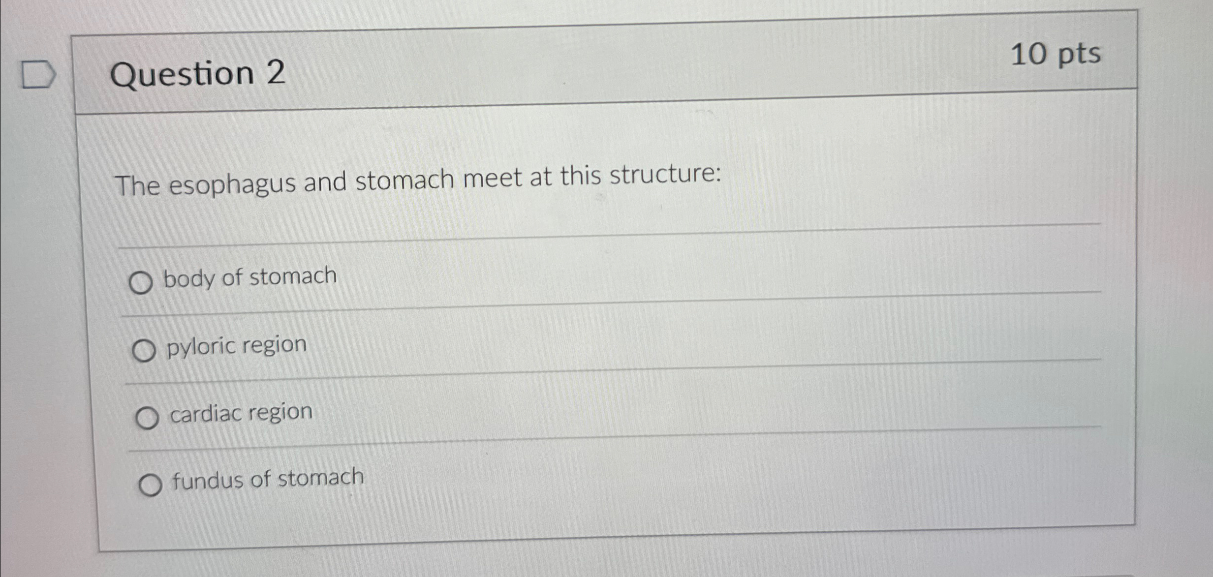 Solved Question 210 ﻿ptsThe esophagus and stomach meet at | Chegg.com