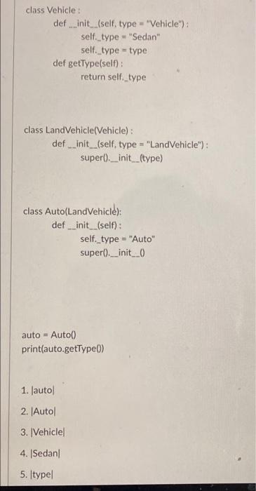 Solved class Vehicle: def __init__(self, type="Vehicle") : | Chegg.com