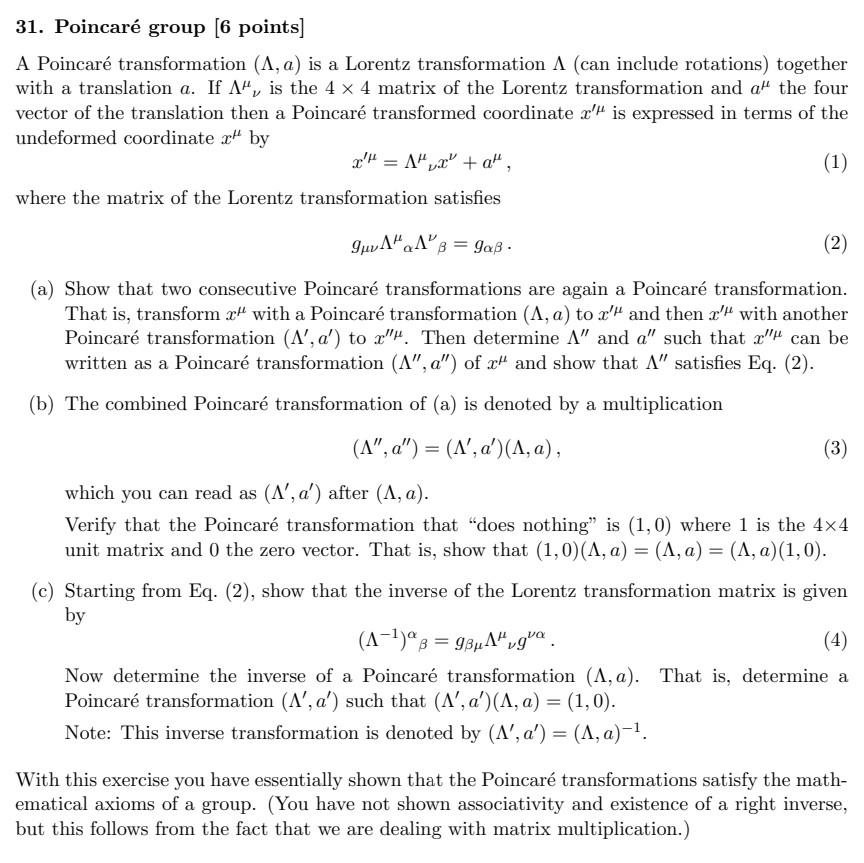 31. Poincaré group [ 6 points] A Poincaré | Chegg.com