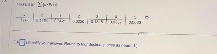 Solved Find E if E=∑[x⋅P(x)]. E= (Simplify your answer. | Chegg.com