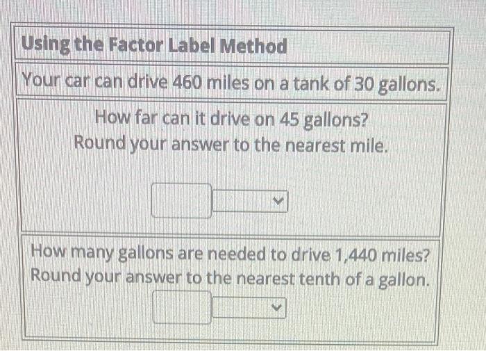 Solved Using the Factor Label Method Your car can drive 460 | Chegg.com