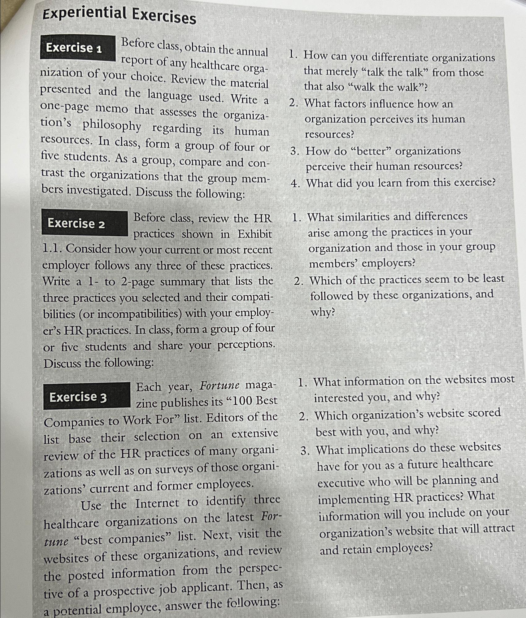 Solved Experiential ExercisesExercise 1Before class, obtain | Chegg.com