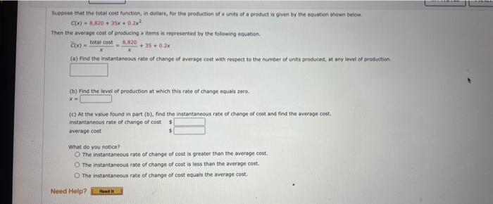 Solved upoose that the total cole function, in gollars, for | Chegg.com