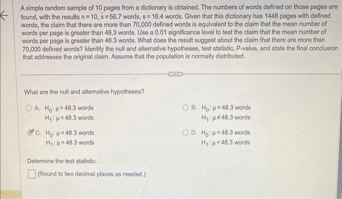 Solved A simple random sample of 10 pages from a dictionary | Chegg.com