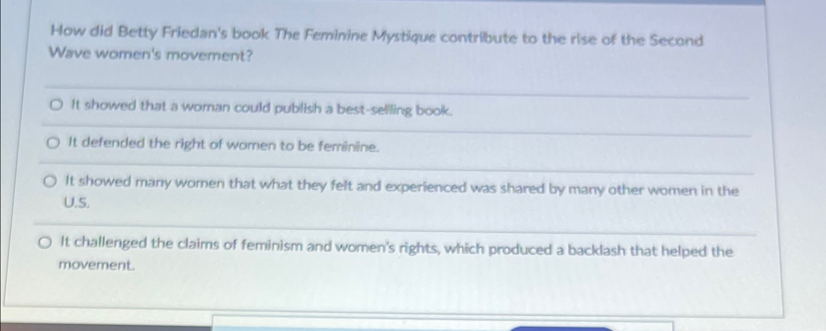 Solved How did Betty Friedan's book The Feminine Mystique | Chegg.com