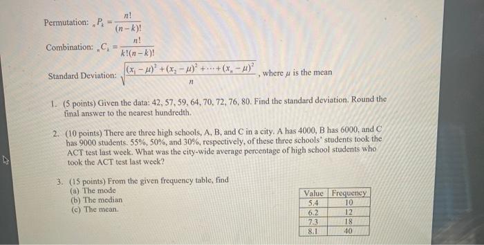 Solved n! Permutation: ,P (n-k)! n! Combination: C= k!(n-k) | Chegg.com