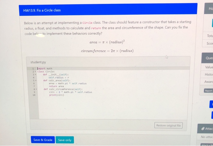 Solved HW13.9. Fix a Circle class He Below is an attempt at | Chegg.com
