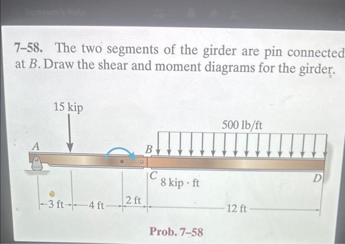 Solved 7-58. The two segments of the girder are pin | Chegg.com