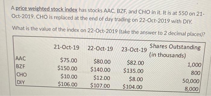 Solved A price weighted stock index has stocks AAC, BZF, and | Chegg.com