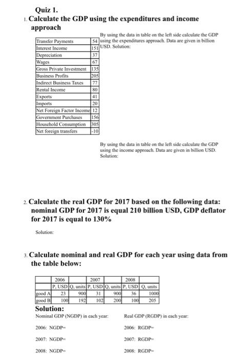 Solved Quiz 1. 1. Calculate the GDP using the expenditures | Chegg.com