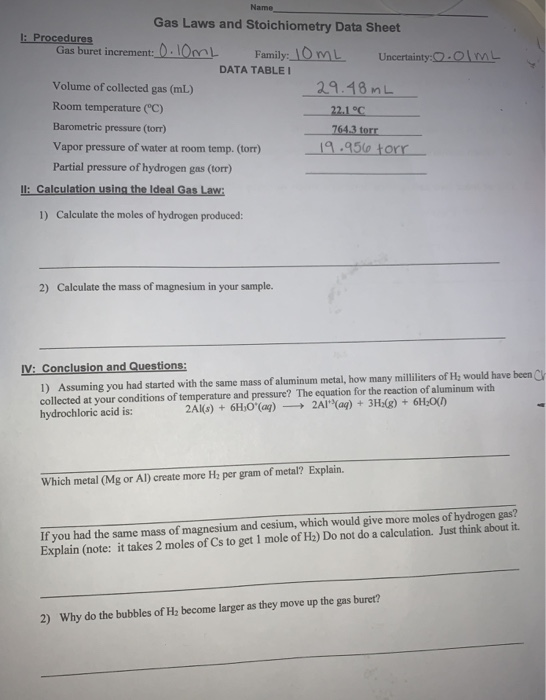 Solved Name Gas Laws and Stoichiometry Data Sheet 1: | Chegg.com