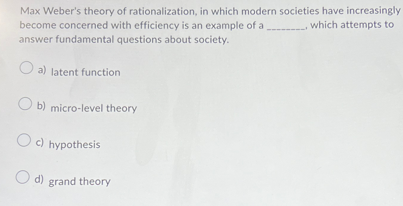Solved Max Weber's theory of rationalization, in which | Chegg.com